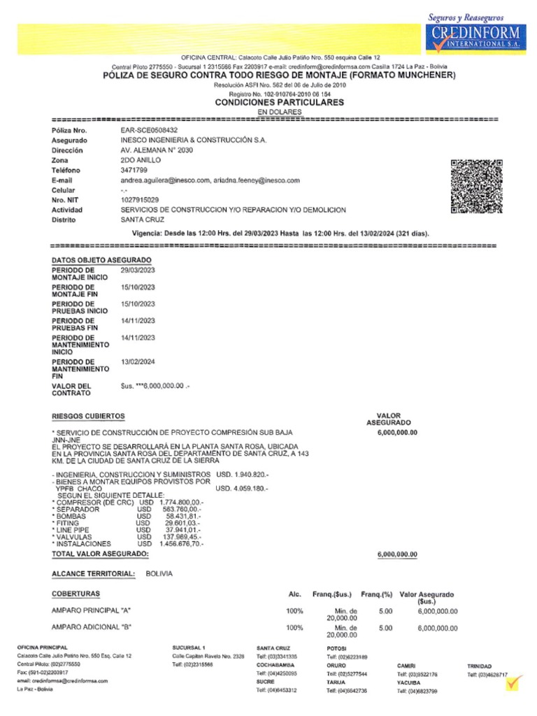 Poliza de Seguro Contra Todo Riesgo de Montaje (Formato Munchener) Condiciones Particulares ...