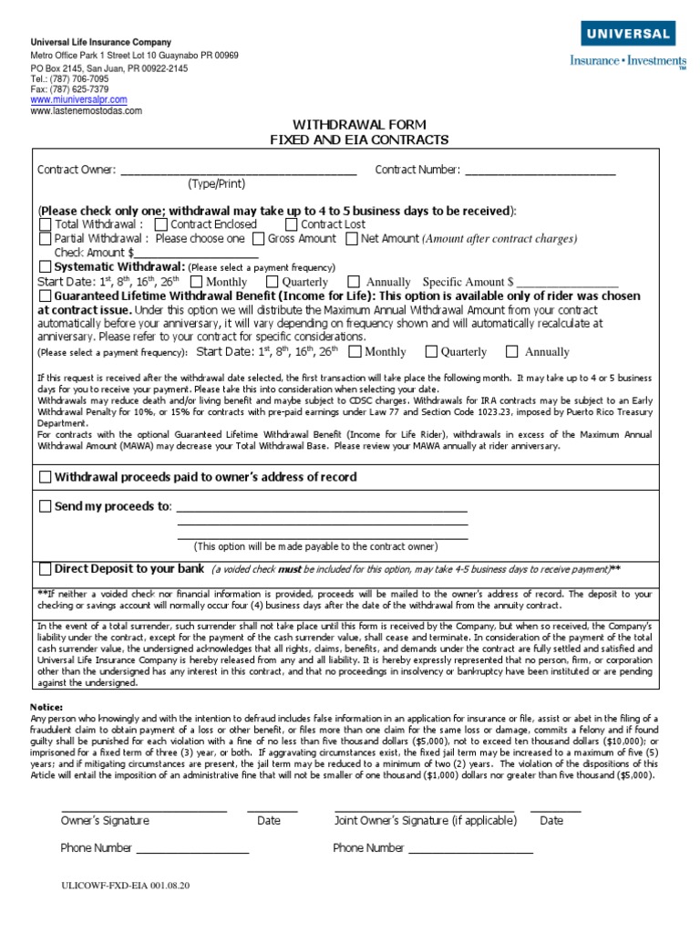Withdrawal Form Fixed and Eia Contracts: Monthly Quarterly Annually ...