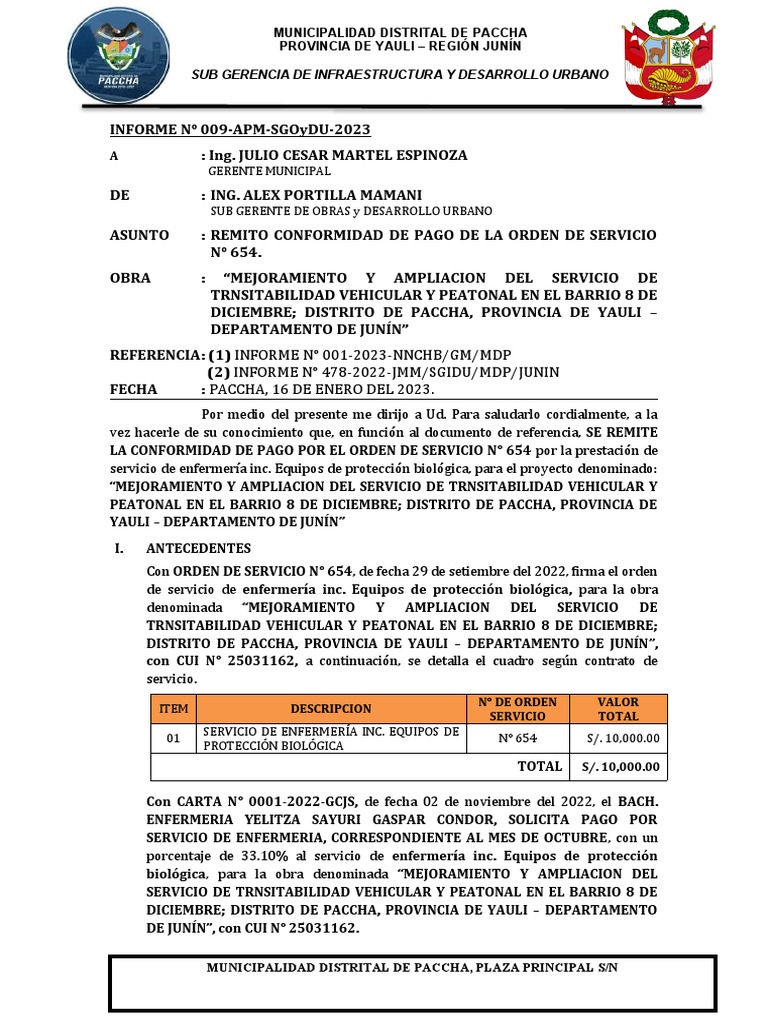 Informe #009 2023 Remito Conformidad de Pago (Servicio de Enfermeria) Ututo | PDF