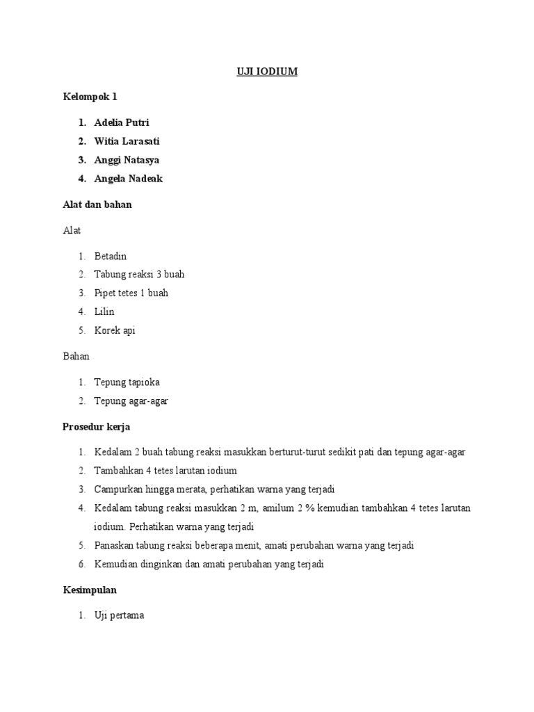 Kelompok 1 - Laporan Uji Iodium - PSPSB 19 C | PDF Kelompok 1 - Laporan Uji Iodium - PSPSB 19 C | PDF