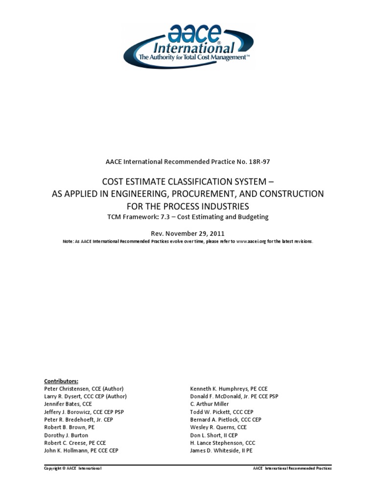 Cost Estimate Classification System - As Applied in Engineering ...
