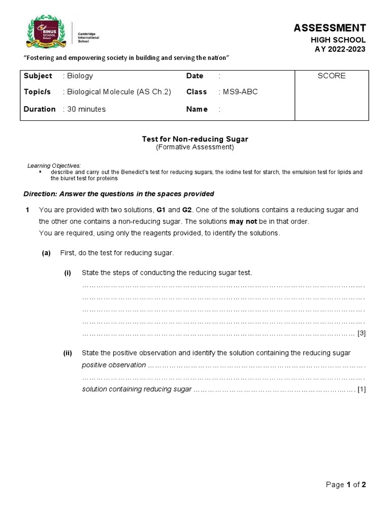 BISB FA - MSHS - AY 22-23 - Bio10BSci - Non-Reducing Sugar Test | PDF ... BISB FA - MSHS - AY 22-23 - Bio10BSci - Non-Reducing Sugar Test | PDF ...