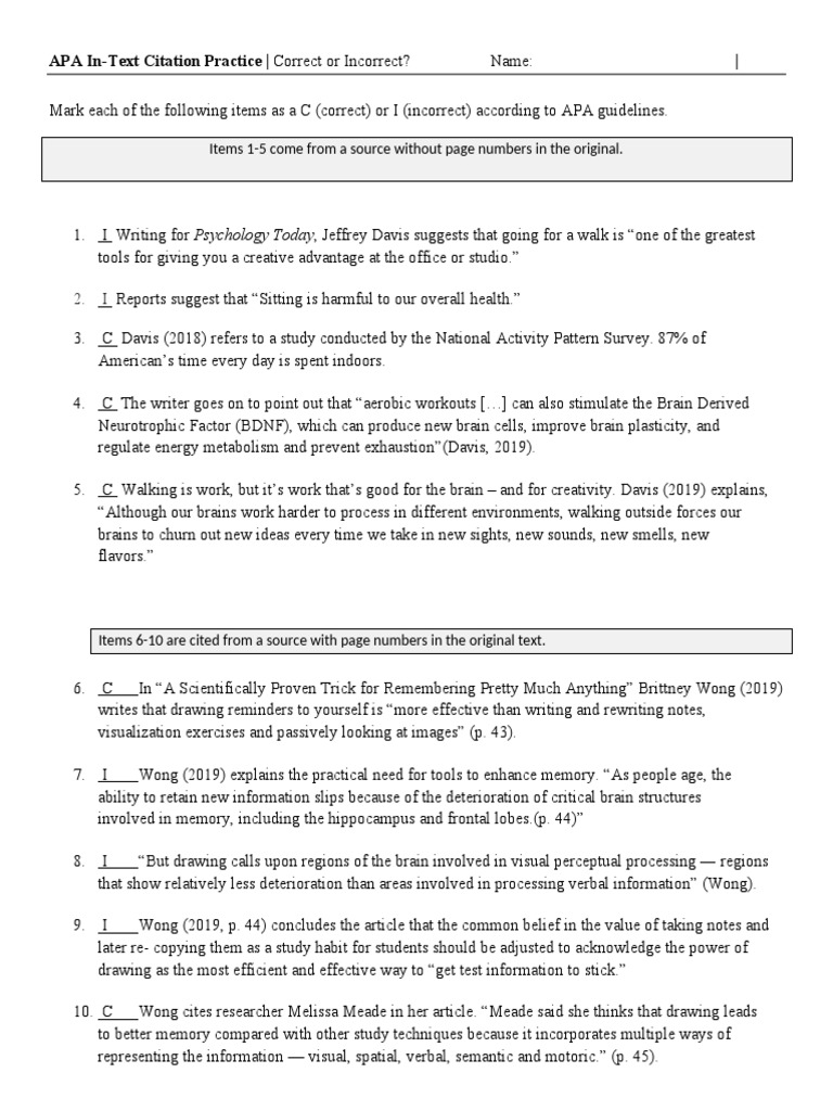 APA Citation Practice: Correct vs. Incorrect | PDF | Memory | Brain