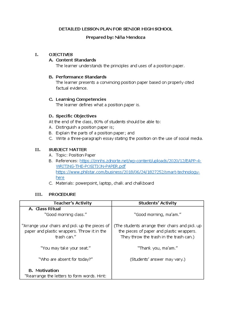 Senior High Position Paper Lesson | PDF | Argument | Essays