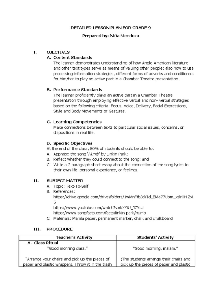 Detailed Lesson Plan For Grade 9 | PDF | Learning | Lesson Plan