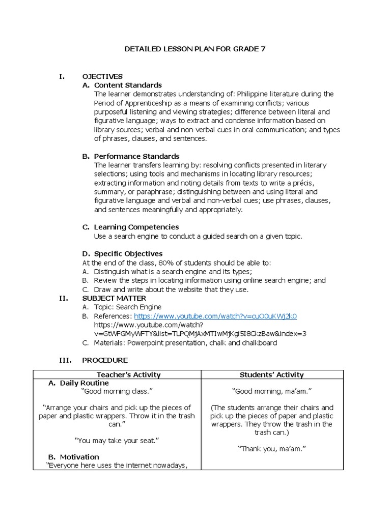 Detailed Lesson Plan For Grade 7 | PDF | Cognitive Science | Cognition