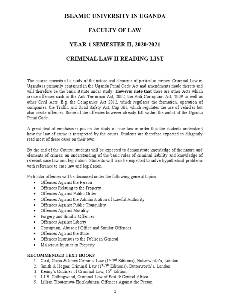 Criminal Law II Reading List Uganda | PDF | Crimes | Crime & Violence