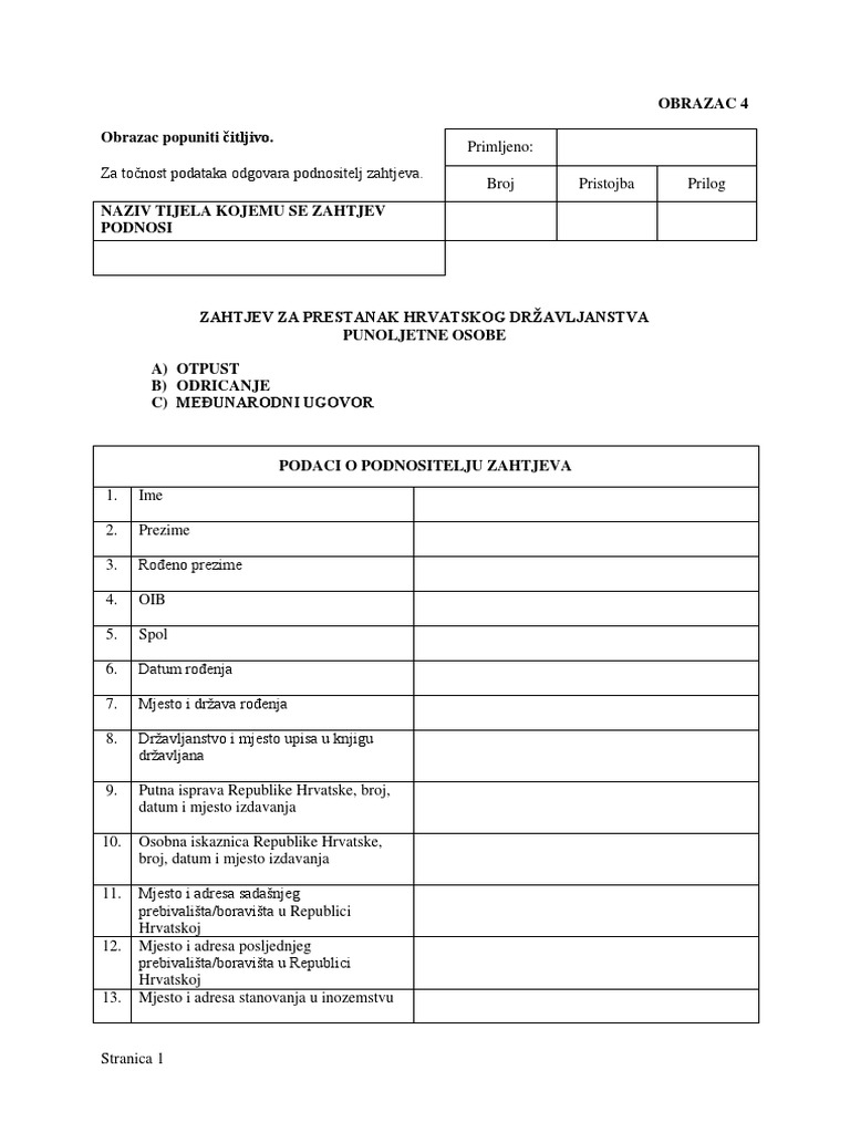 Obrazac 4 Obrazac Popuniti Čitljivo | PDF