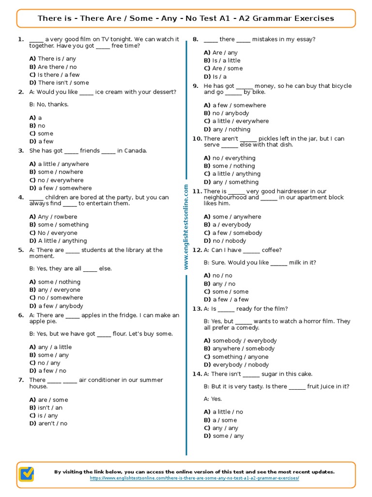 451 - There Is There Are Some Any No Test A1 A2 Grammar Exercises | PDF ...