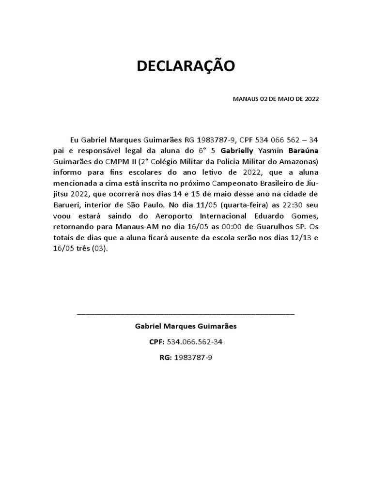 Declaração Responsavel Gabby | PDF Declaração Responsavel Gabby | PDF