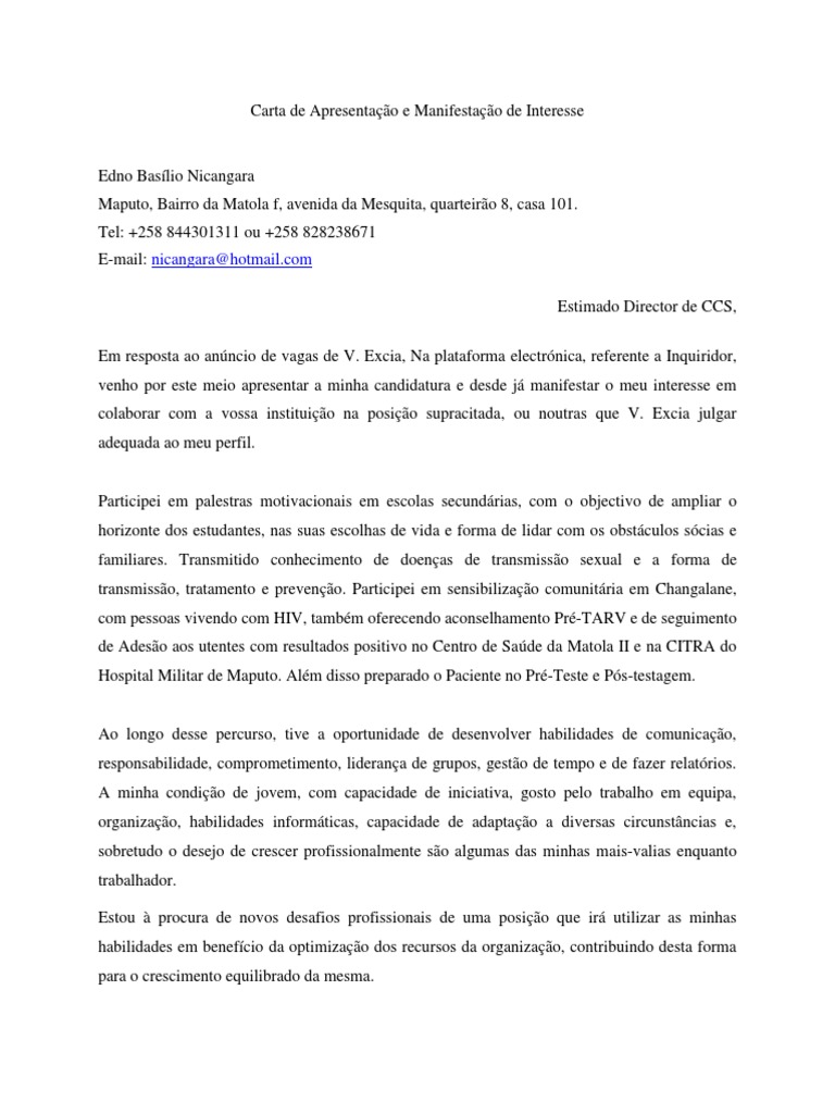 Carta de Apresentação e Manifestação de Interesse | PDF | Carreira e ...