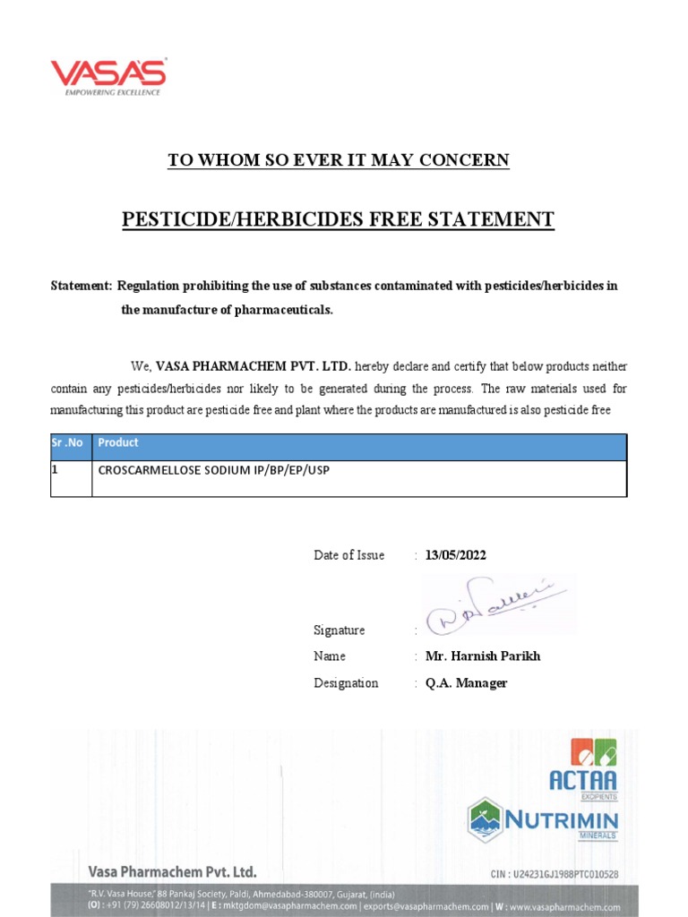 Pesticide-Free Certification for Croscarmellose Sodium | PDF