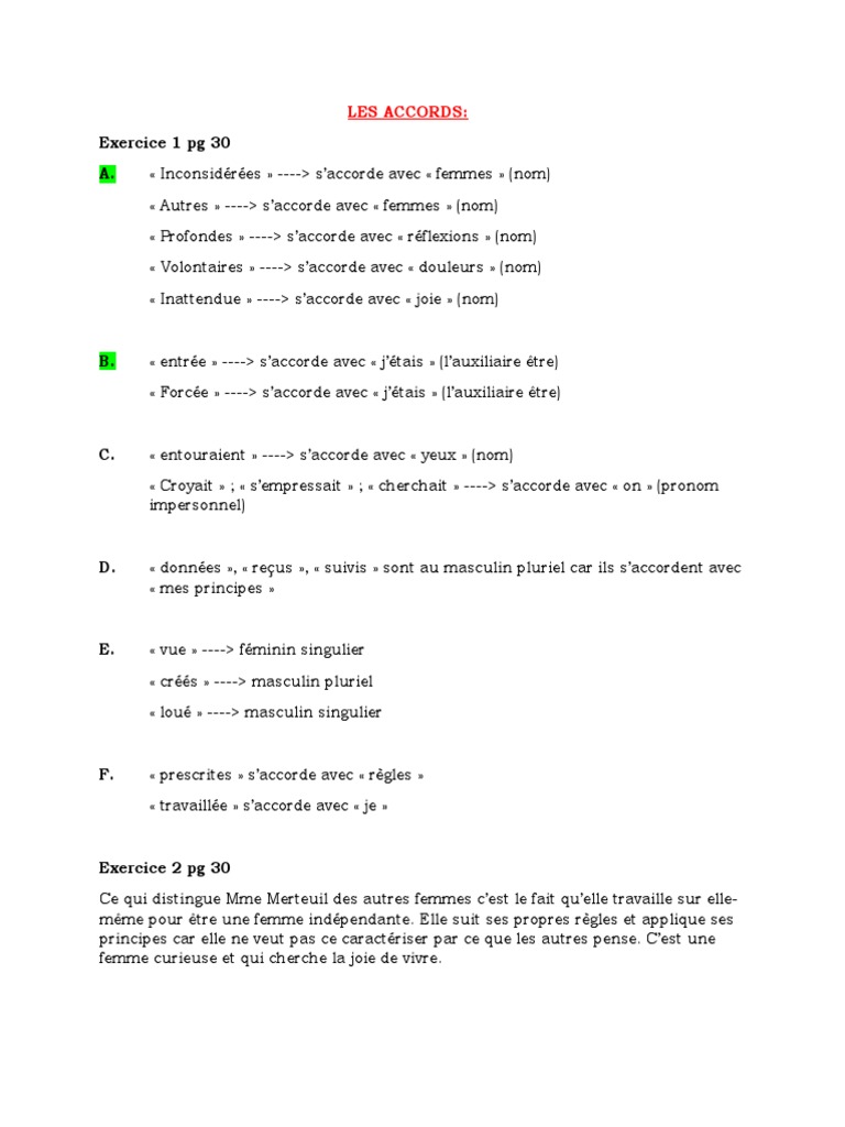 Exercices sur les accords en français | PDF | Genre grammatical ...