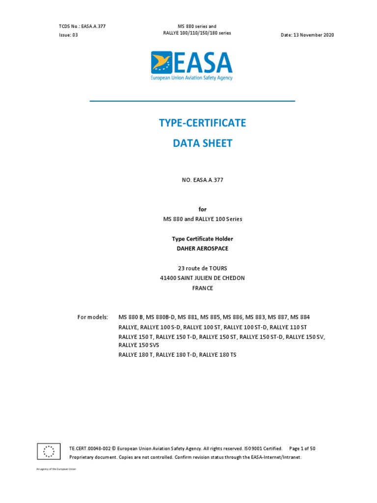 EASA-TCDS A 377 MS 880 and Rallye 100 150 and 180 Series Issue 03 ...