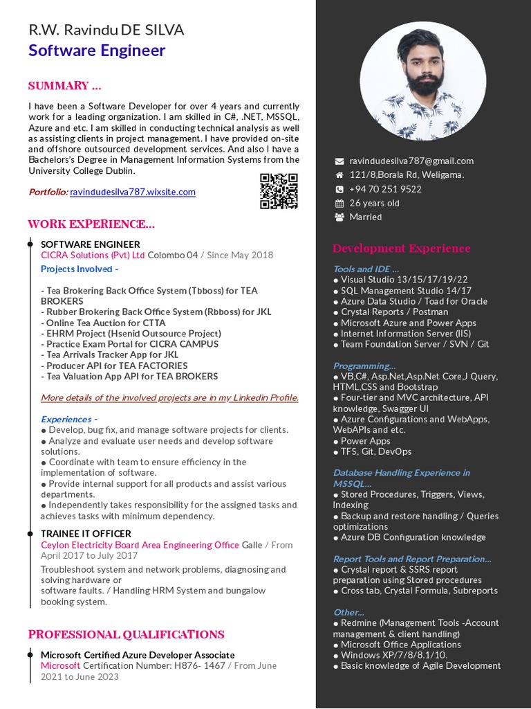 R.W. Ravindu DE SILVA Software Engineer SUMMARY | PDF | Microsoft Sql ...