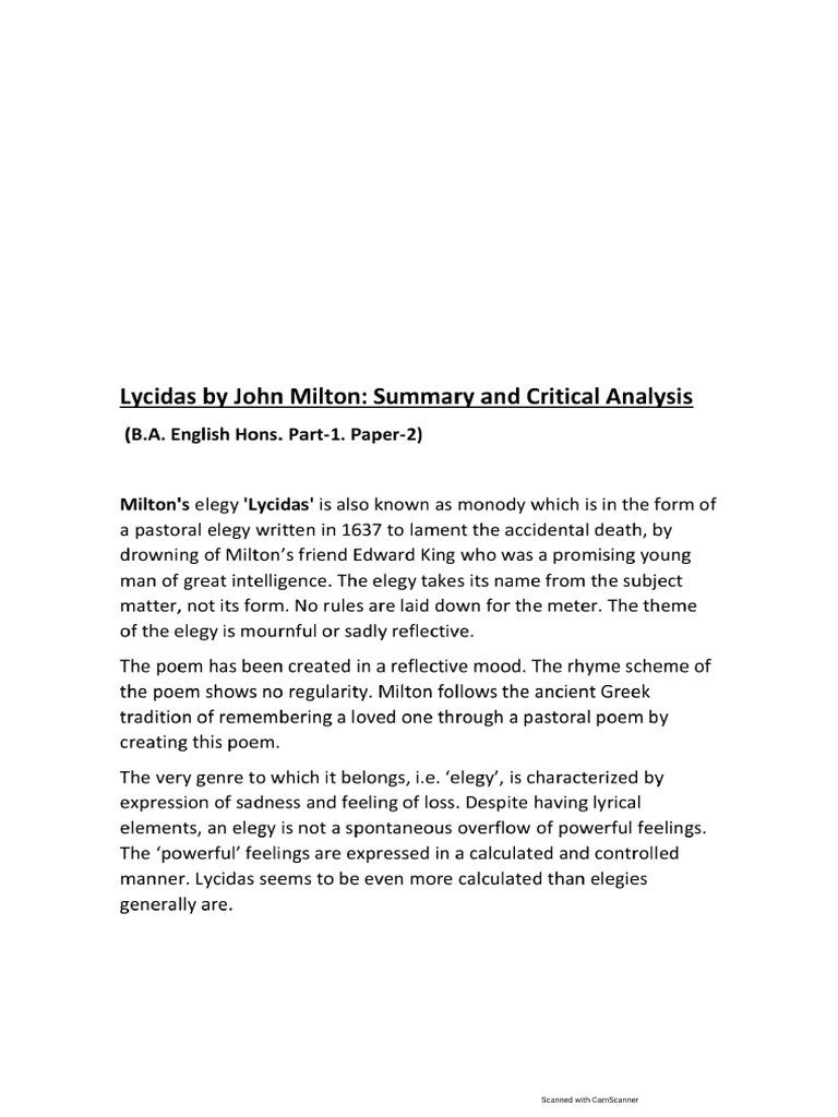 Lycidas Summary & Critical | PDF