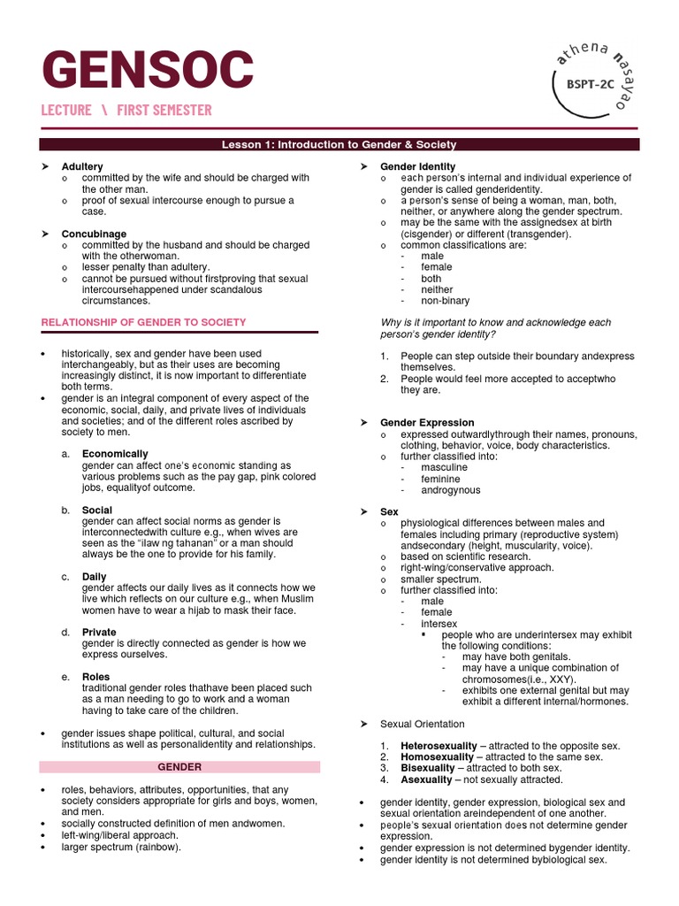 Gensoc: Lecture / First Semester | PDF | Gender | Gender Studies
