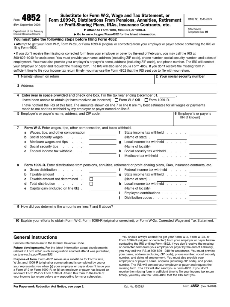 F 4852 | PDF | Irs Tax Forms | Income Tax In The United States