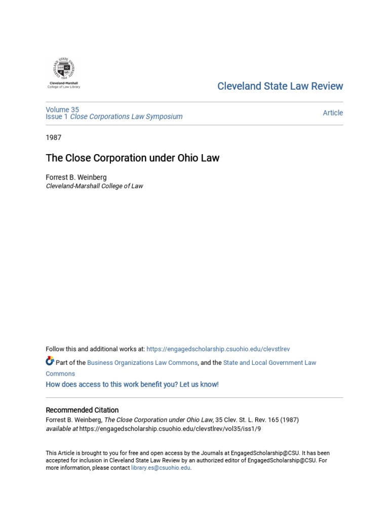 The Close Corporation Under Ohio Law The Close Corporation Under Ohio ...