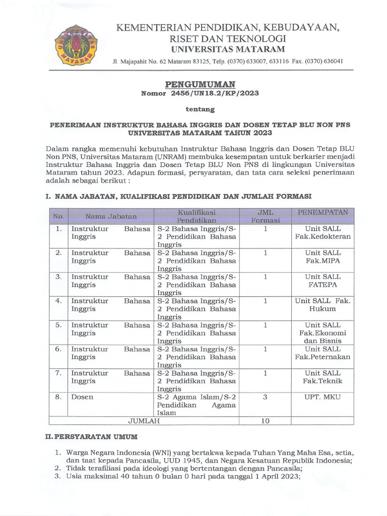 Pengumuman Penerimaan Instruktur B Inggris & Dosen Blu 2023 | PDF