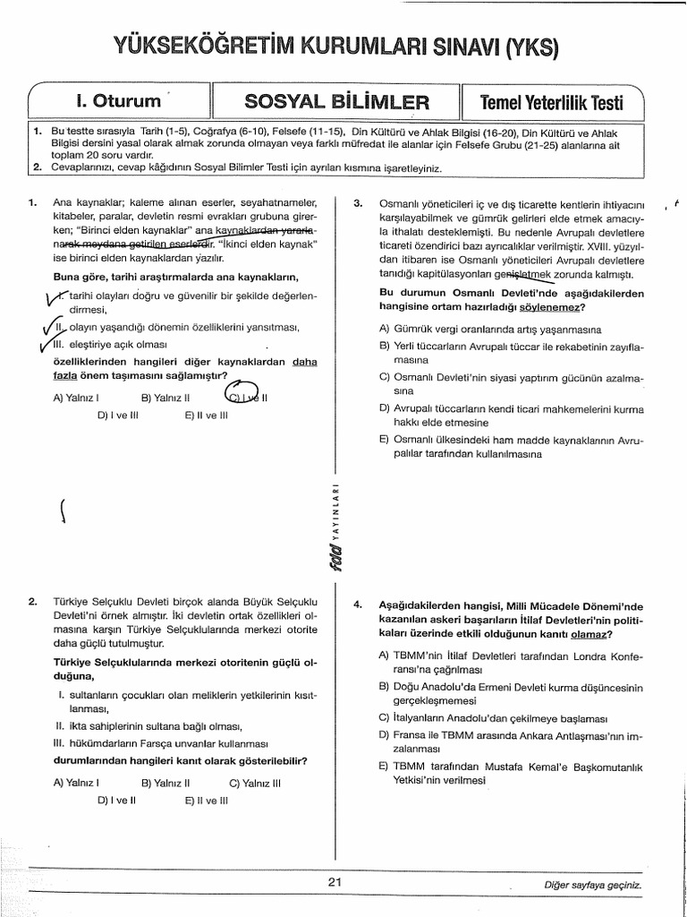 Tyt Sosyal Bilimler Denemesi 1 | PDF