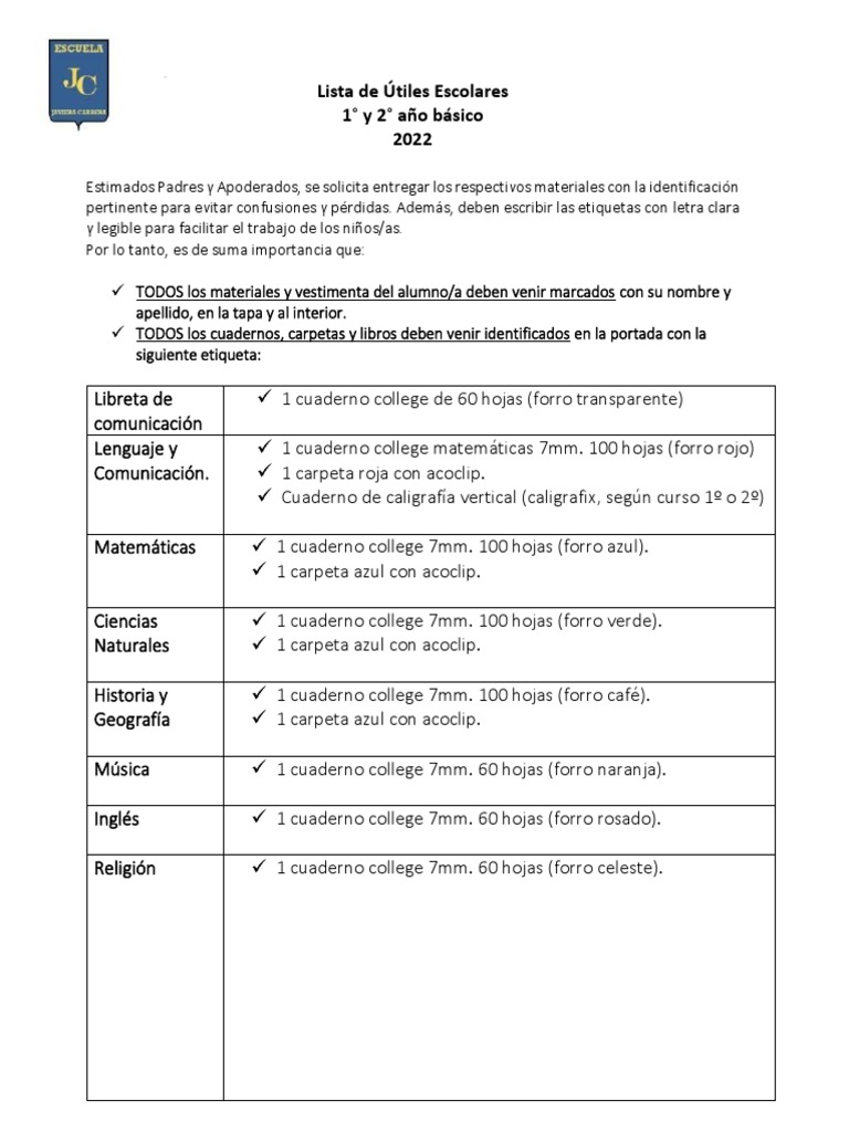 Lista Utiles Segundo Basico | PDF | Lápiz | Cuaderno