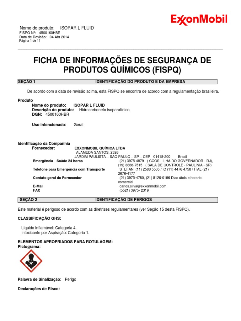 FISPQ - Exxon - Isopar L FISPQ | PDF | Combustão | Química