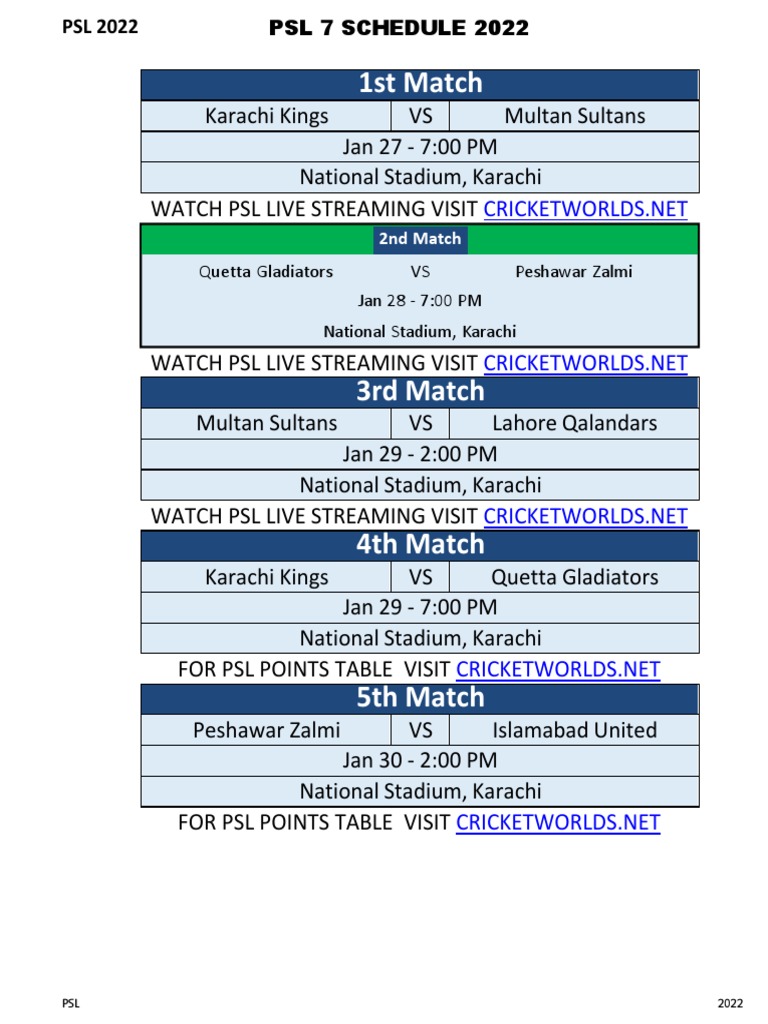 PSL Schedule 2022 | PDF | Cricket | Pakistan