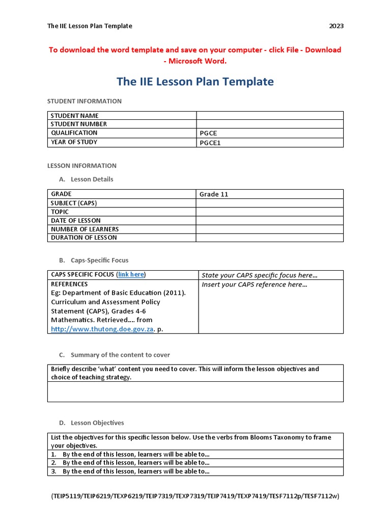 The IIE Lesson Plan Template | PDF | Lesson Plan | Learning