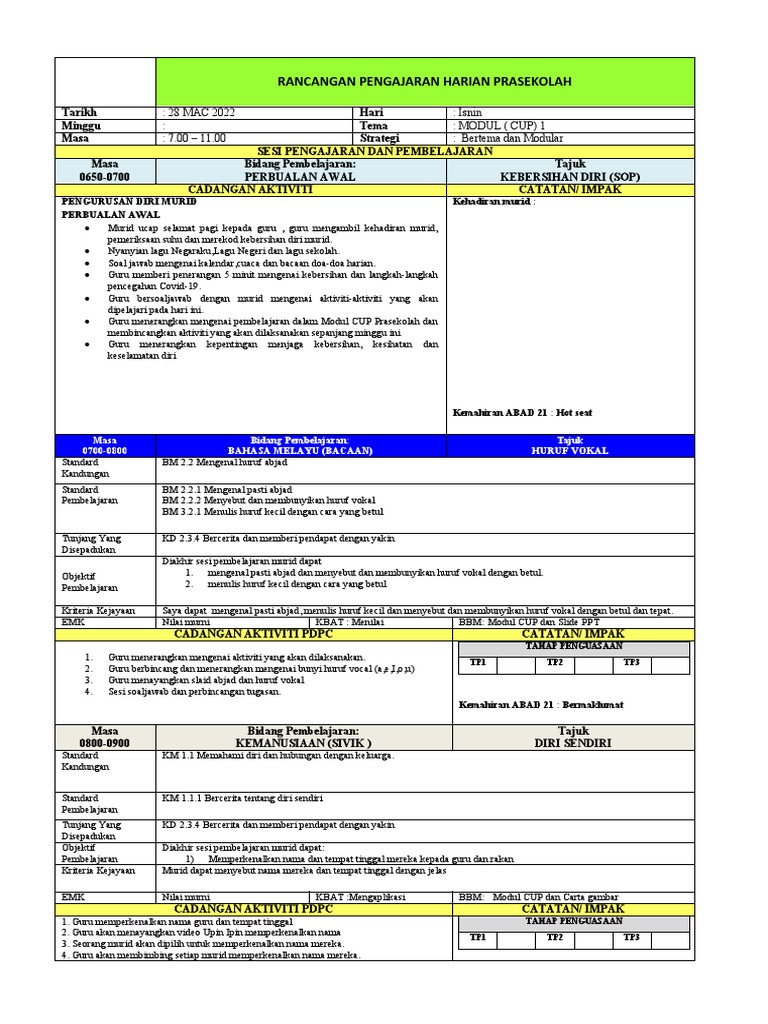 RPH Prasekolah (Mggu 2 28.3-.1.4) | PDF