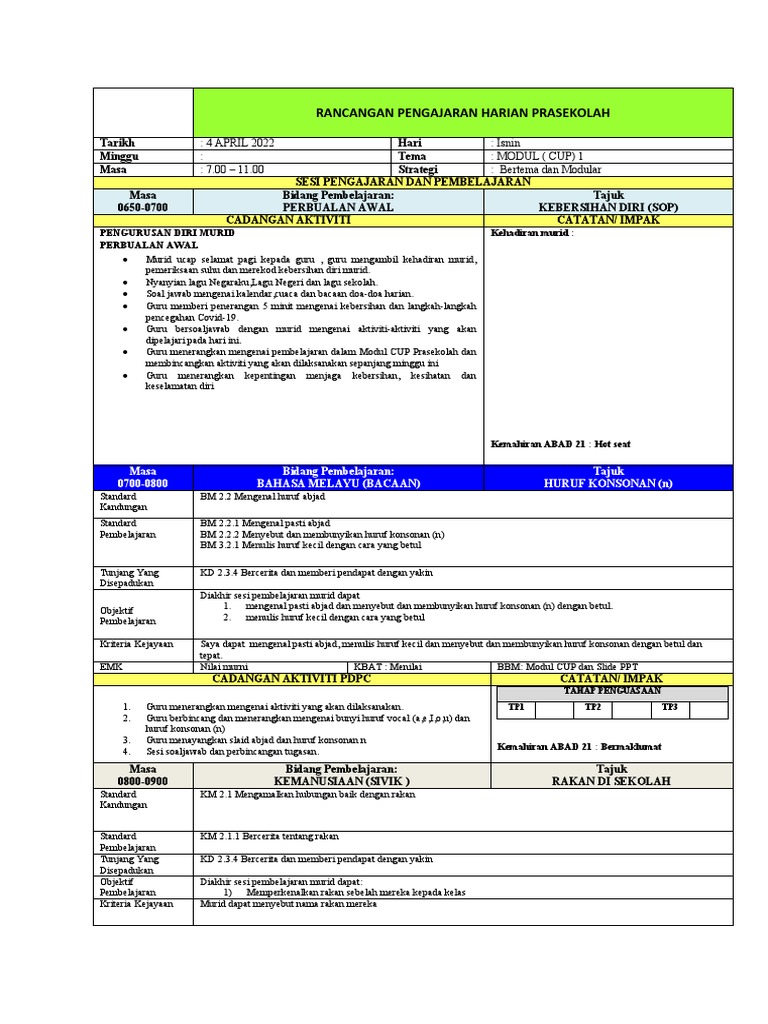 RPH Prasekolah (Mggu 3 4.4-8.4) | PDF