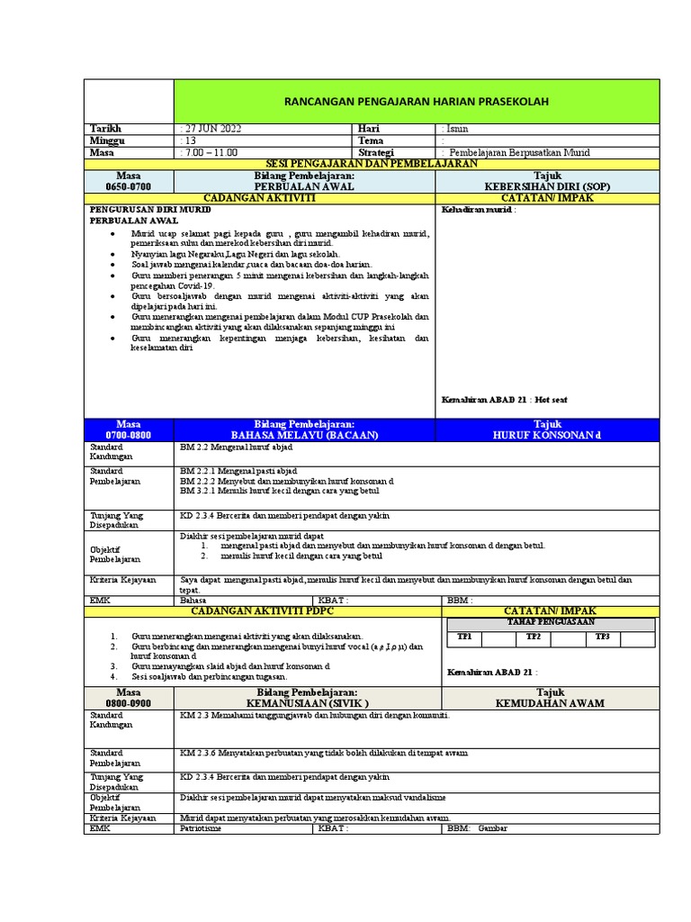 RPH Prasekolah (Mggu 13 27.6-1.7) | PDF