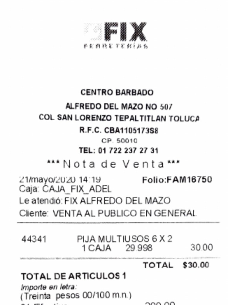 Ticket de venta en Toluca - Centro Barbado | PDF