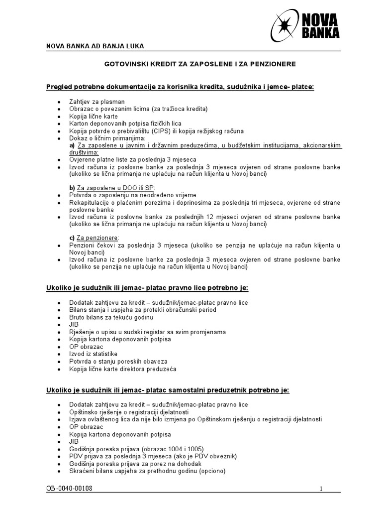 Spisak Potrebne Dokumentacije Za Gotovinski Kredit | PDF