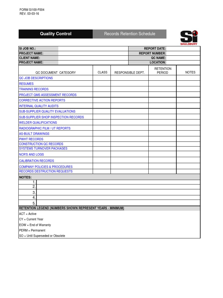 Quality Control: Records Retention Schedule | PDF