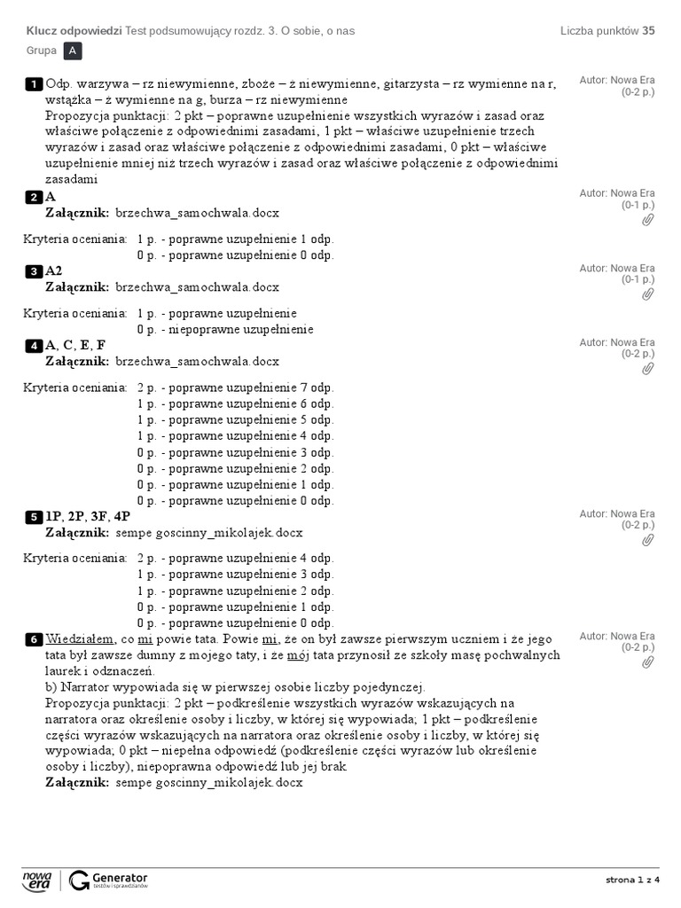 Test Podsumowujący Rozdz. 3. O Sobie, o Nas Klucz Odpowiedzi | PDF