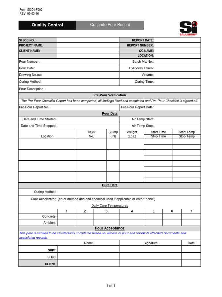 Quality Control: Concrete Pour Record | PDF