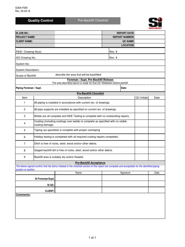 Quality Control: Pre-Backfill Checklist | PDF | Building Engineering ...