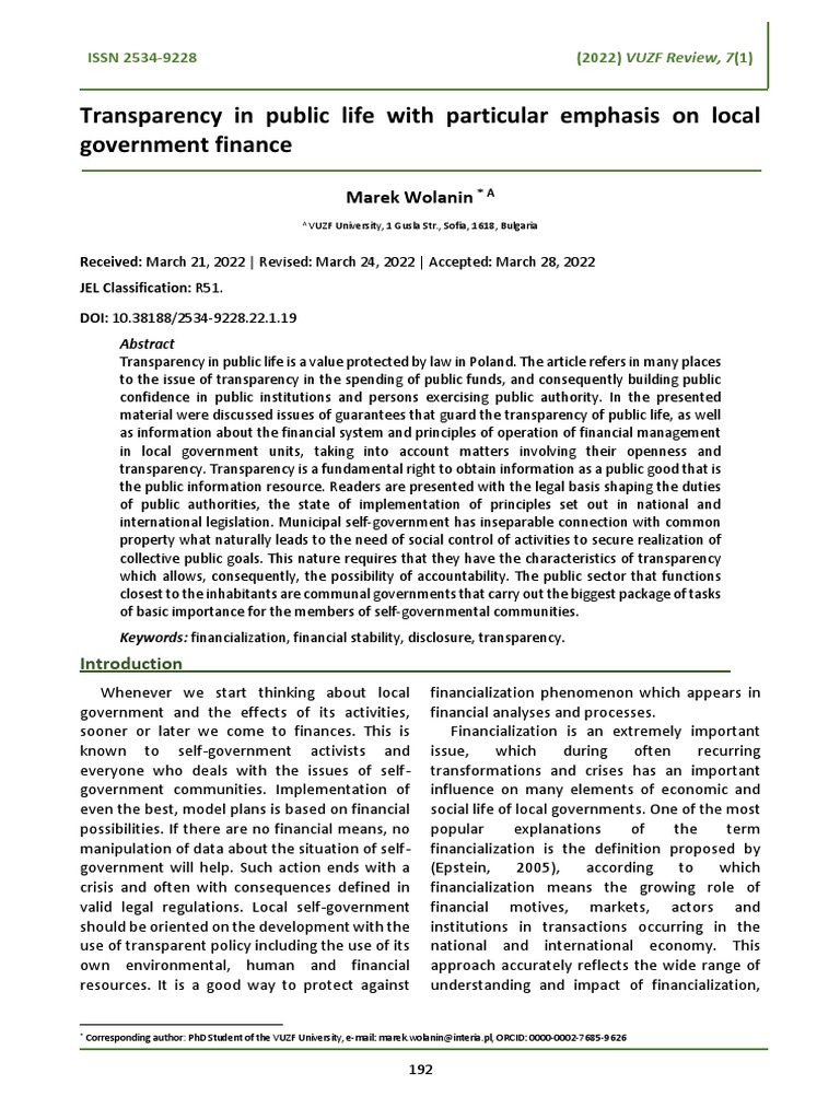 Transparency in Public Life With Particular Emphasis On Local ...