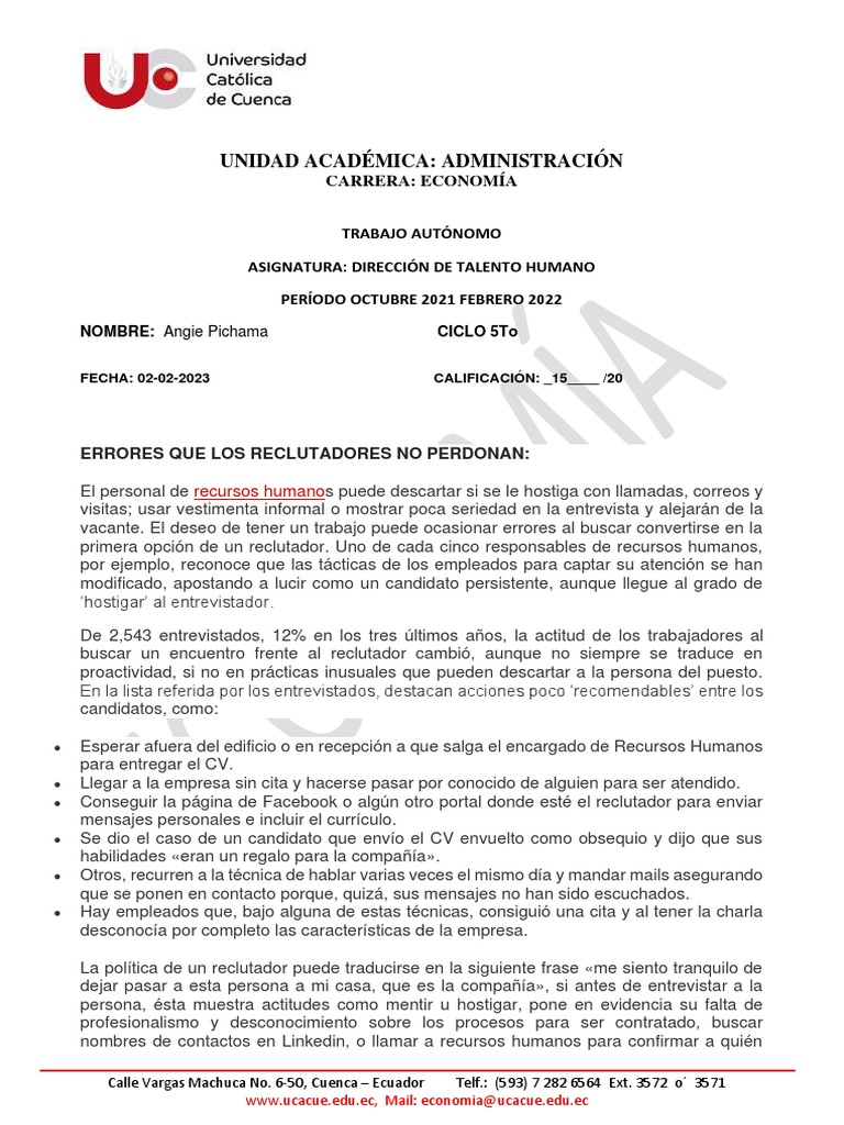 TRABAJO AUTÓNOMO - Angie Pichama | PDF | Gestión de recursos humanos ...