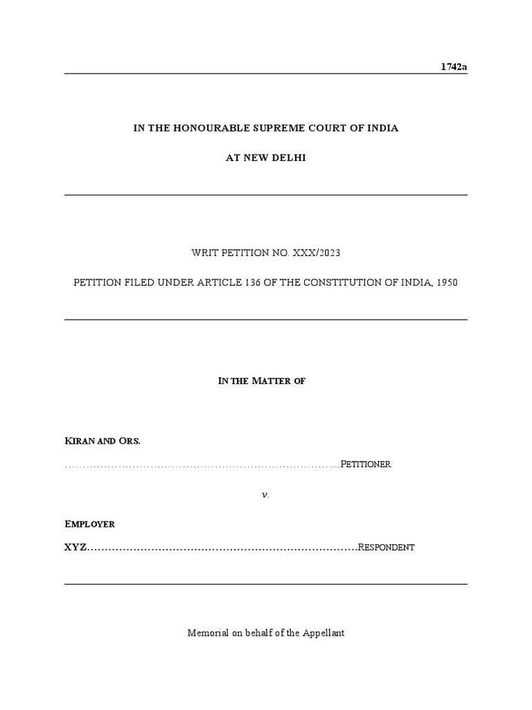 Writ Petition No. Xxx/2023 Petition Filed Under Article 136 of The Constitution of India, 1950 ...