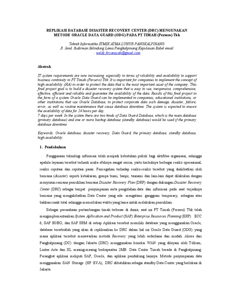Replikasi Database Disaster Recovery Center | PDF
