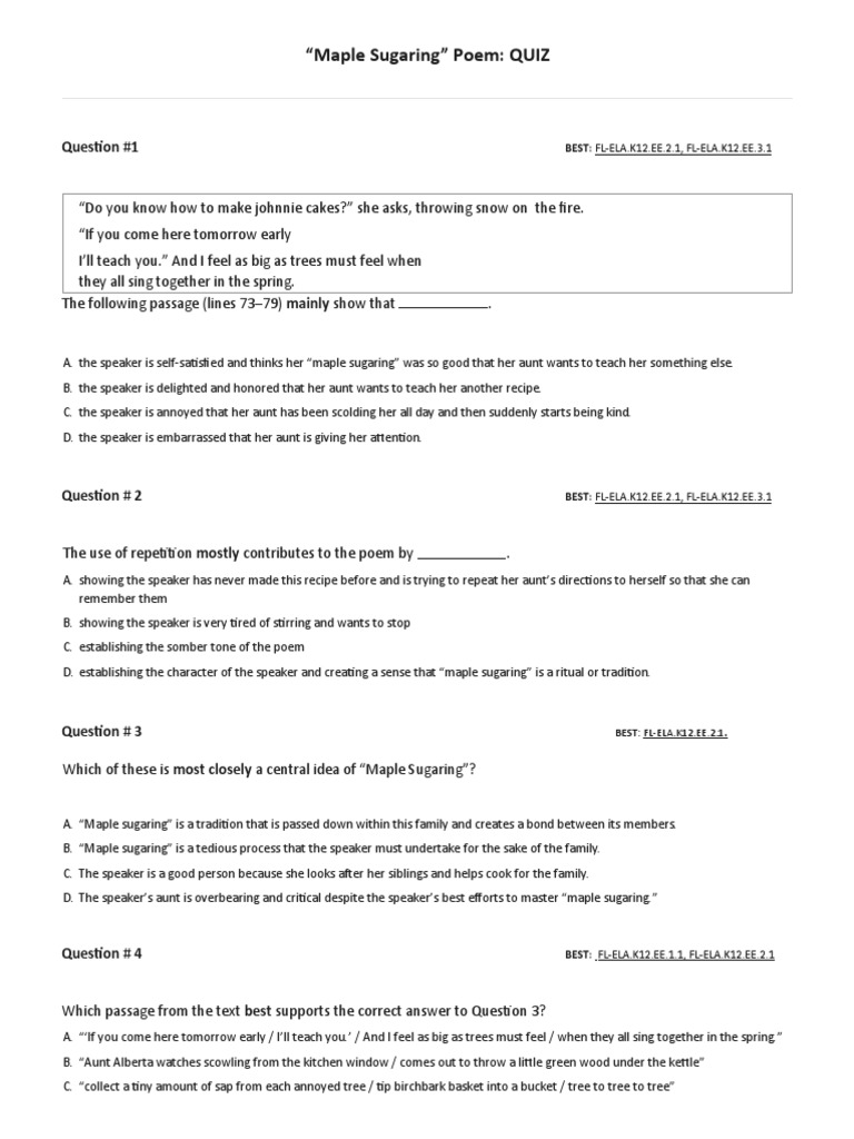 "Maple Sugaring" Poem: QUIZ: Question #1 | PDF