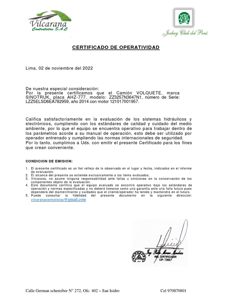Certificado de Operatividad | PDF