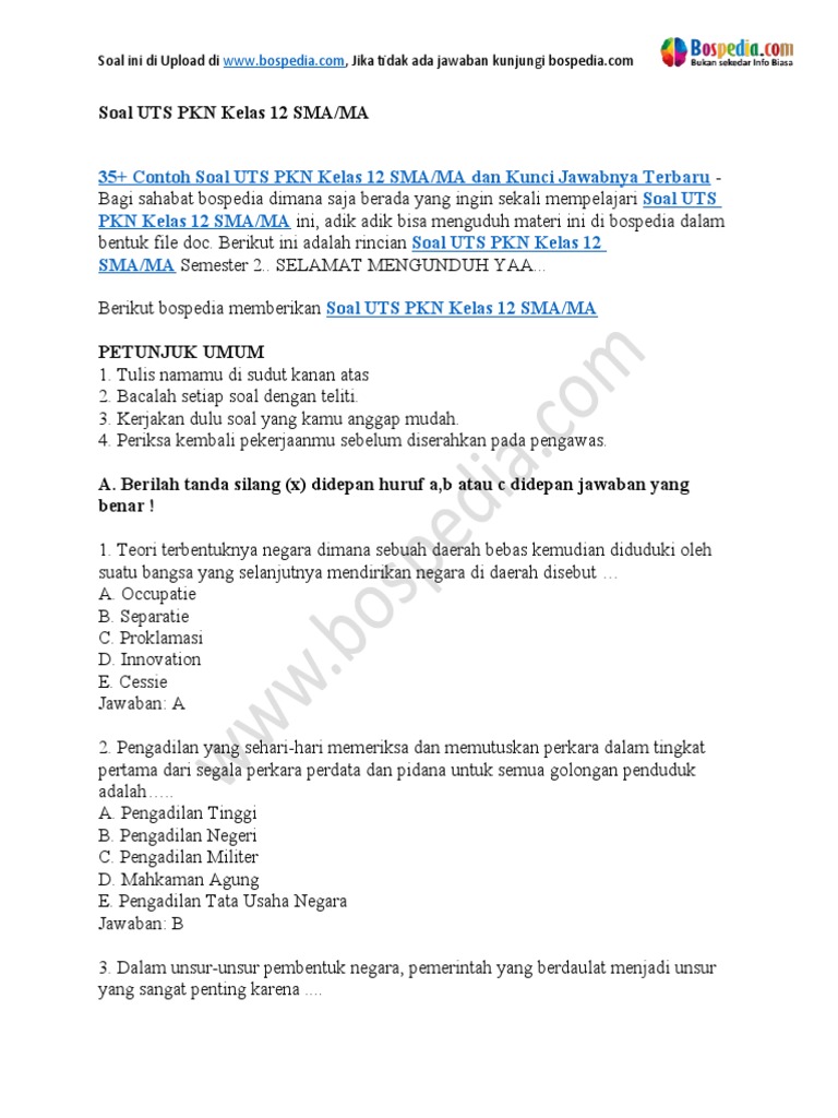 35+ Contoh Soal UTS PKN Kelas 12 SMA MA Dan Kunci Jawabnya | PDF