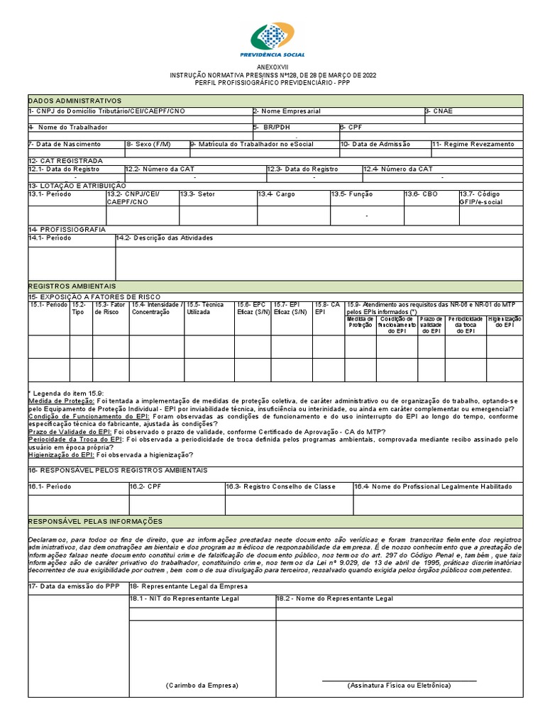 PPP Modelo Novo INSS 2022 | PDF | Jurisprudência | Ciência Política