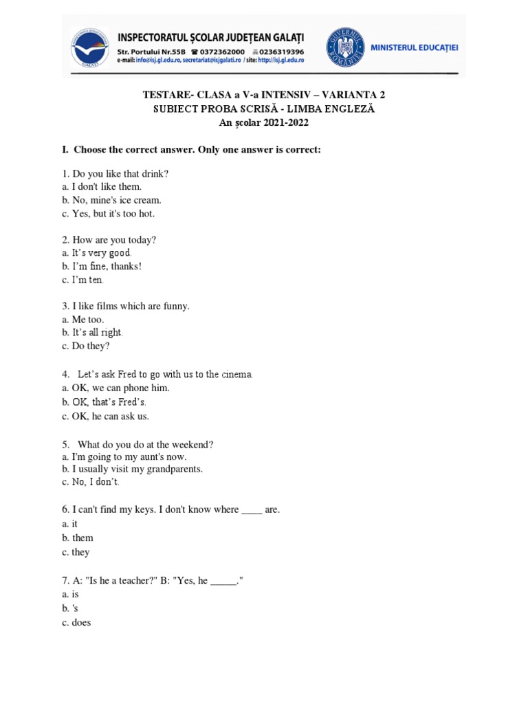 5th Grade English Test 2021-2022 | PDF