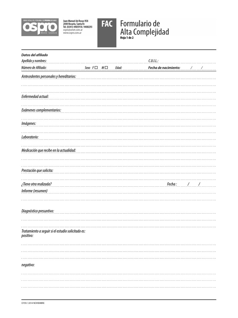 Formulario de Alta Complejidad OSPro | PDF