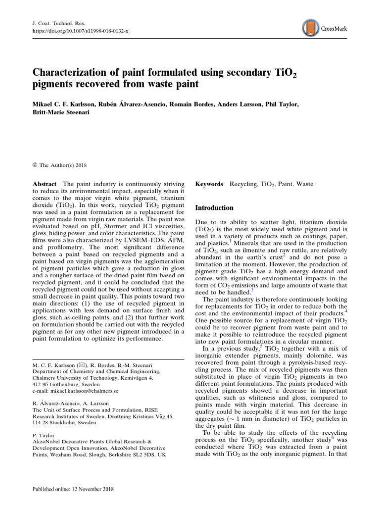 Recycled TiO2 Pigments in Paint Formulation | PDF | Paint | Titanium ...