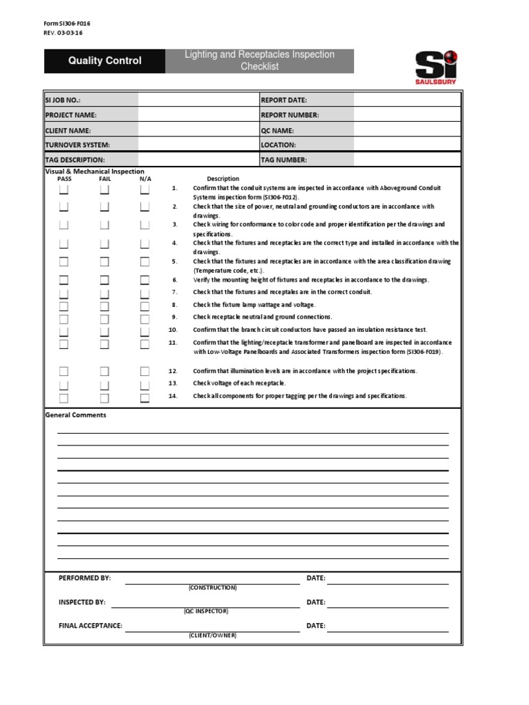 SI306-F016 Lighting and Receptacles Installation Checklist | Download ...
